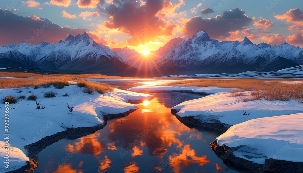 Stunning HDRI panorama capturing sunrise over majestic snowy mountains ...