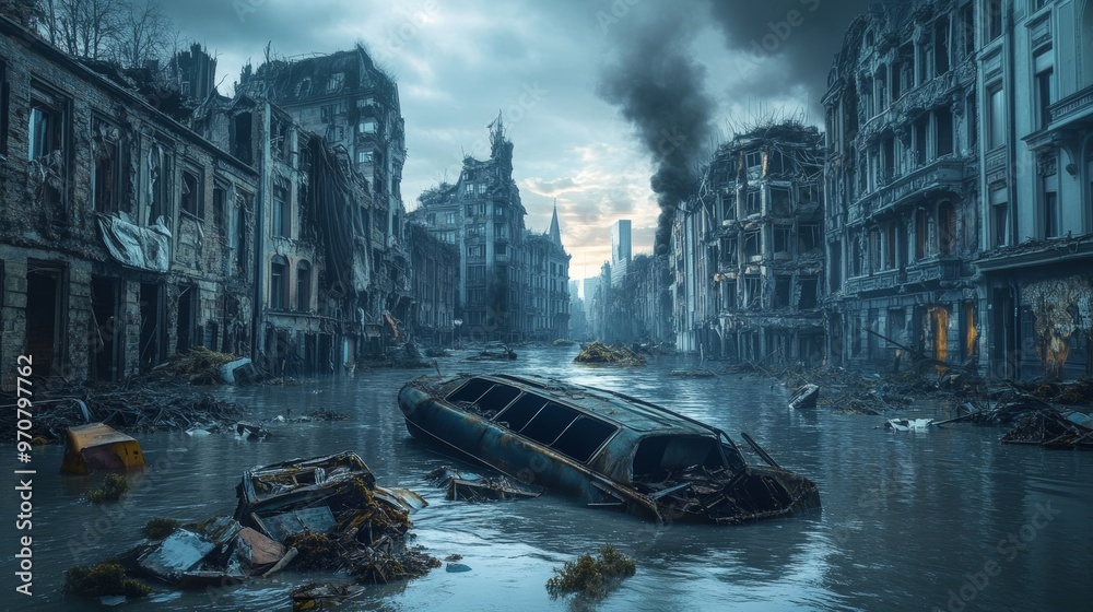 Global warming floods on the planet.The apocalypse catastrophes.Storms ...