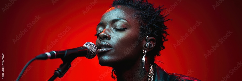 Black Female Singer Performing on Stage with Microphone Stock Photo ...