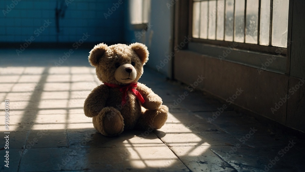Cute sad plush stuffed teddy bear sitting alone on the floor in the ...