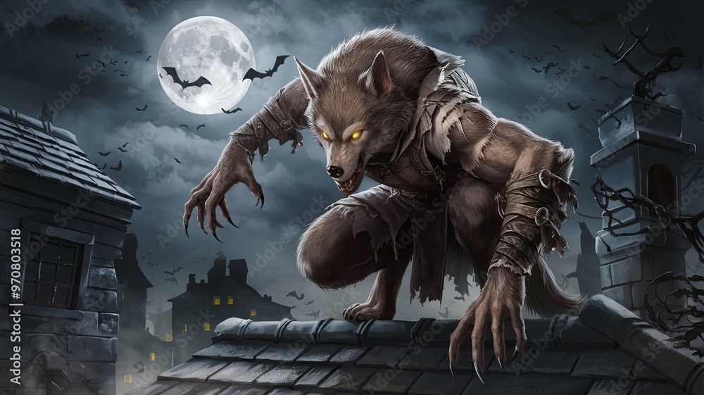 A Halloween scene of a werewolf assassin under the full moon. The ...