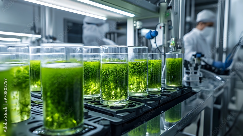 A photograph showcasing the process of eco-friendly microalgae ...