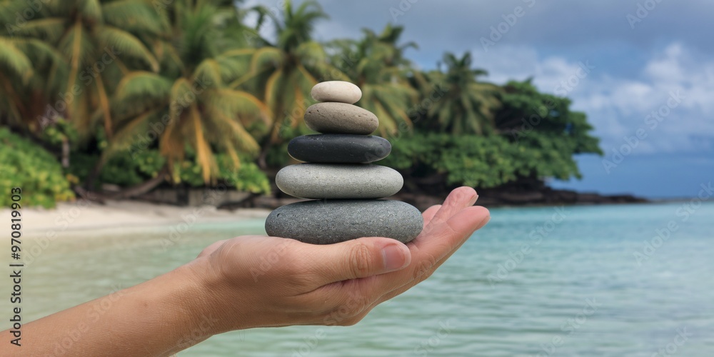 A photo of a hand holding a stack of five pebbles. The stones are of ...