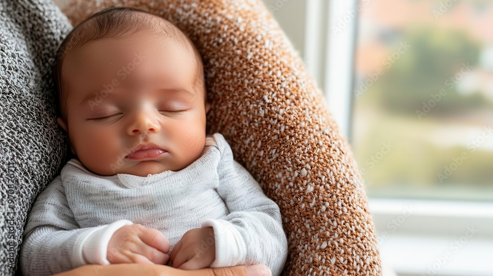 Newborn baby being cuddled by a parent in a cozy armchair by the window ...