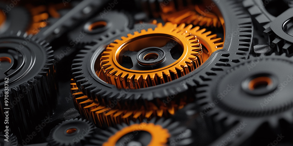 complex gears in orange and black, showing industrial design and ...