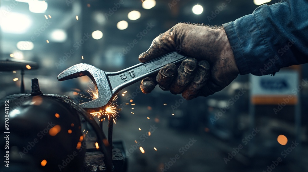 manufacturing plant with broken tool hand clutching a wrench with a ...