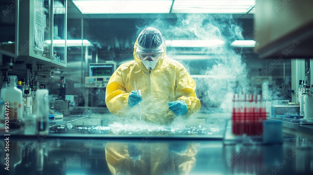 lab worker involved in a chemical spill hazardous substances leaking ...