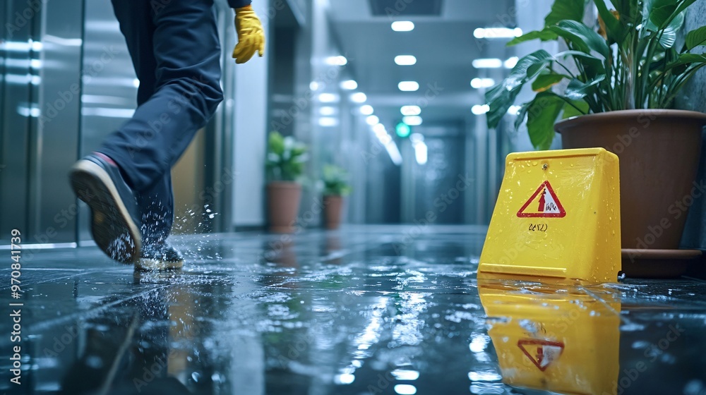 worker slipping on a wet floor despite a visible floor sign limbs ...
