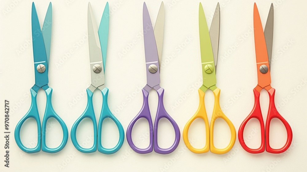 Five pairs of scissors are lined up in a row, each with a different ...