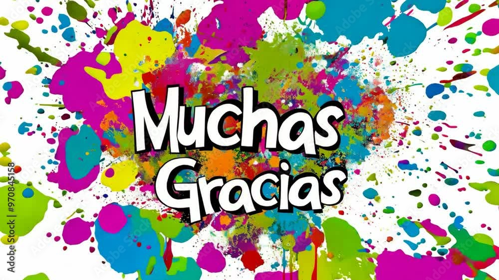 Muchas Gracias in bold, playful font over a vibrant background of ...