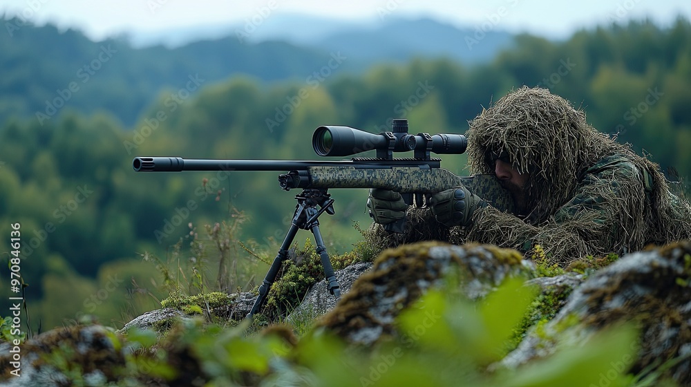 9. A sniper in a ghillie suit lying prone on a hill, carefully aiming ...