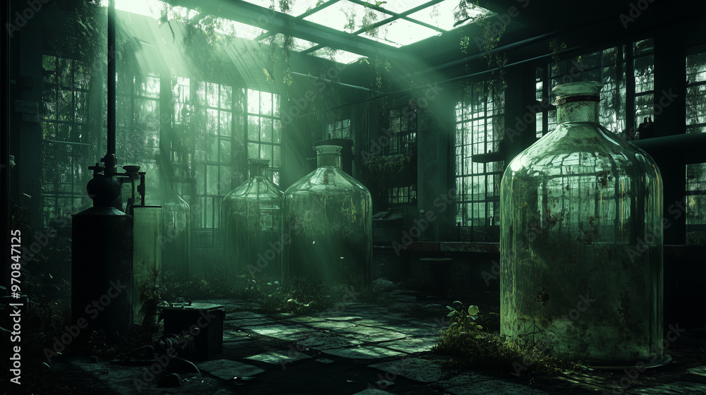 Abandoned cloning laboratory with broken glass chambers and overgrown ...