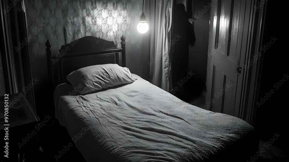 Haunted hotel room with an unmade bed, a single flickering lightbulb ...
