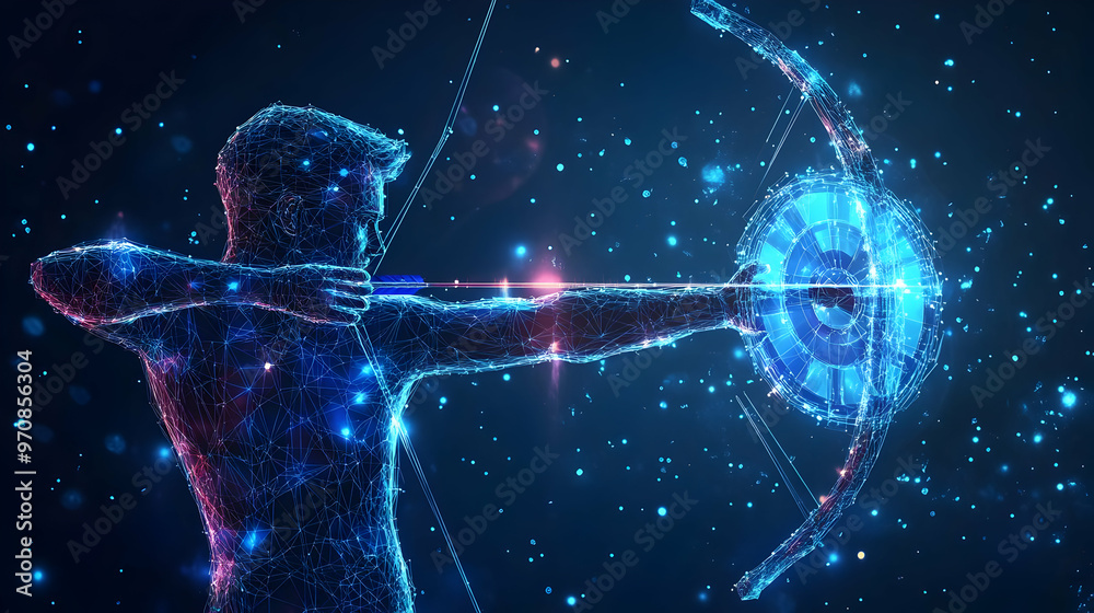 Abstract Archer: A Wireframe Archer Figure Drawing a Bow with a Target ...