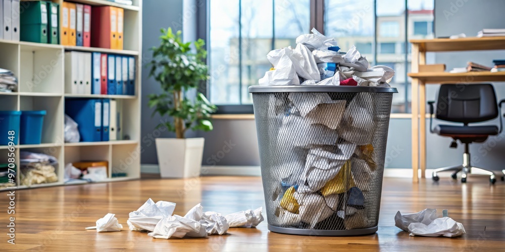 Messy office trash can overflowing with crumpled papers and discarded ...