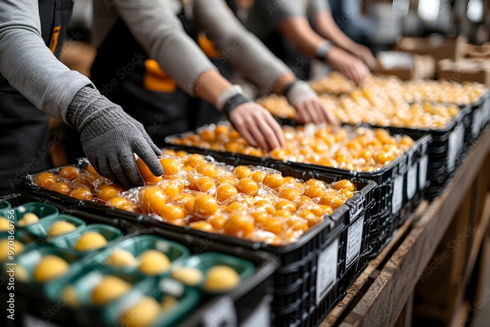 multiracial volunteers organizing food packages at a community food ...