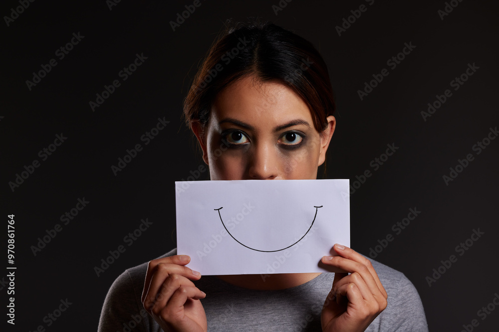Sad woman, portrait and abuse with fake smile for trauma or domestic ...