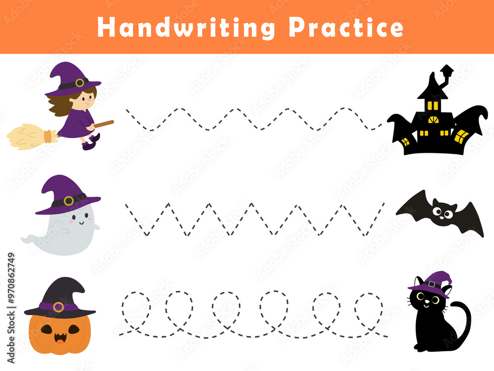 Handwriting practice sheet with cute halloween illustration . Basic ...