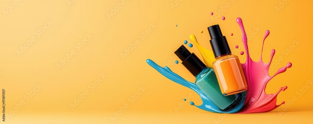 Nail polish bottles floating in midair, with splashes of color trailing ...