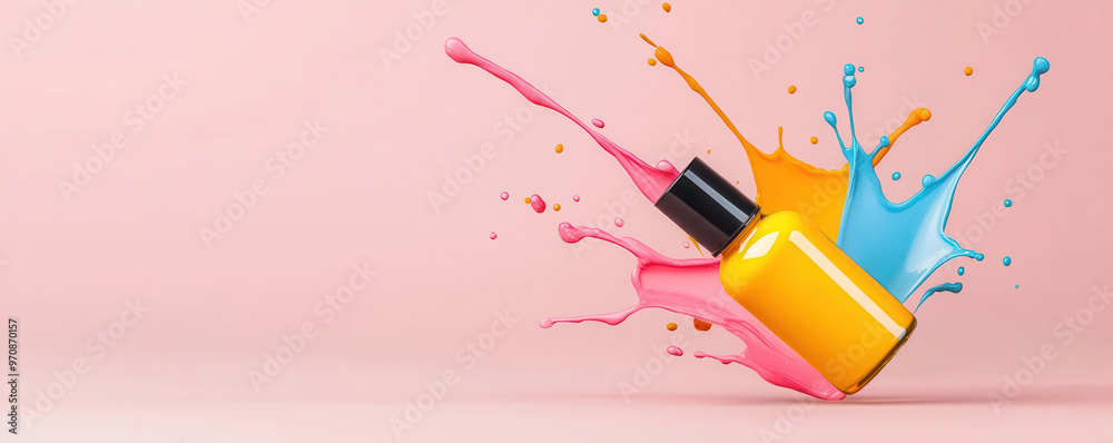 Nail polish bottles floating in midair, with splashes of color trailing ...
