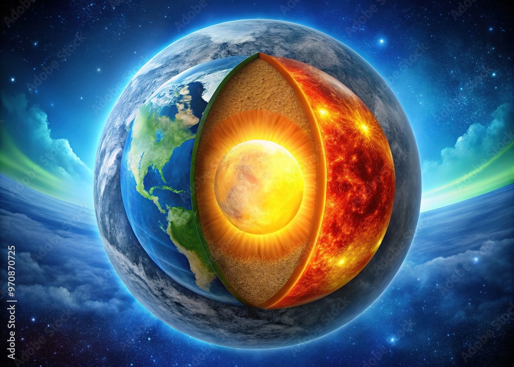 Illustration of the Earth's composition, showcasing the crust, mantle ...