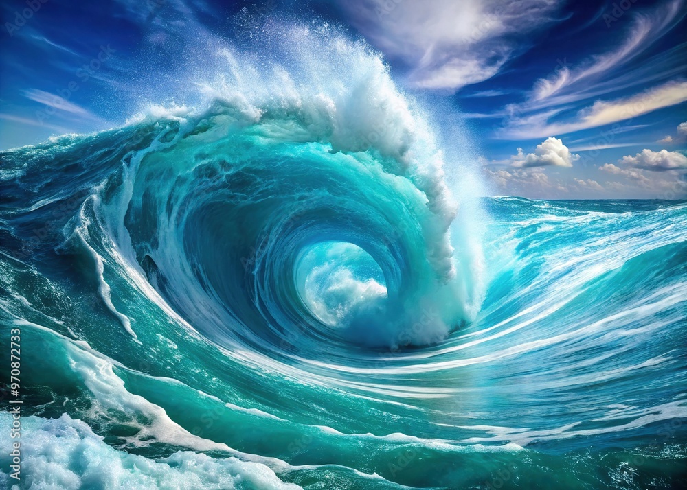 Mighty turquoise whirlpool swirls in the open ocean, its massive spiral ...