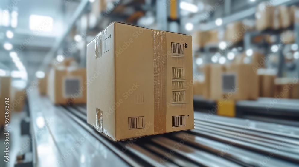 Package label with an RFID tag being processed by a barcode scanner on ...