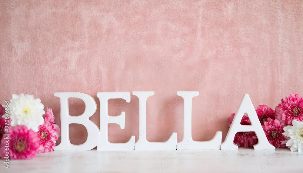 Girl name Bella, white letters against pink backdrop surrounded by pink ...