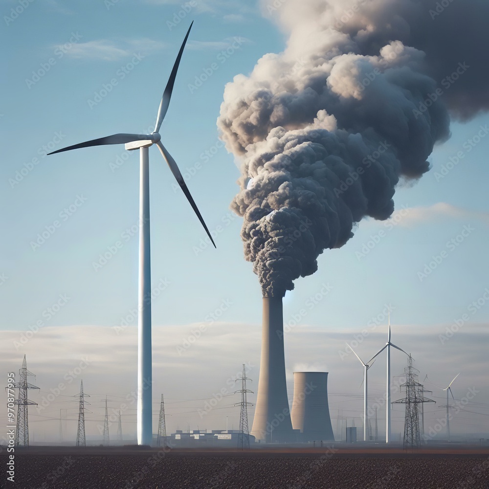 Wind Turbines and a Smoke Stack | Renewable vs. Fossil Fuels | The ...