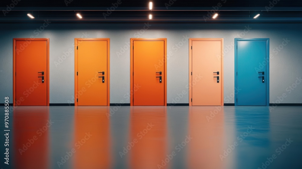 Bright light illuminating multiple doors, each labeled with different ...