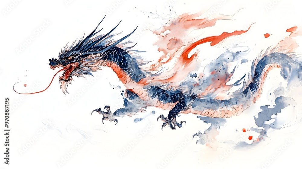 Majestic Sumi-e Dragon in Dramatic Flight Stock Illustration | Adobe Stock