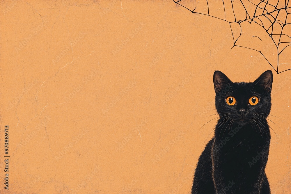 Vintage Halloween card design with a black cat sitting among spider ...