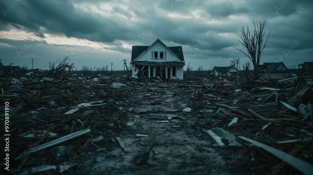 Devastated landscape with homes reduced to rubble after a powerful ...