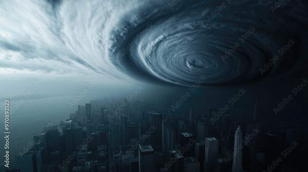 Aerial satellite view of a massive powerful hurricane approaching a ...