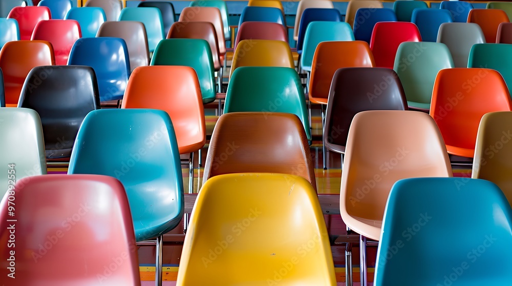 Colorful chairs arranged in rows on the school's auditorium floor, each ...