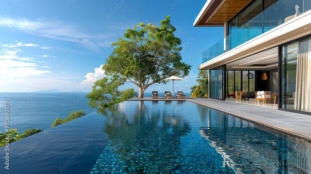 A modern villa featuring an infinity pool that seamlessly blends with ...