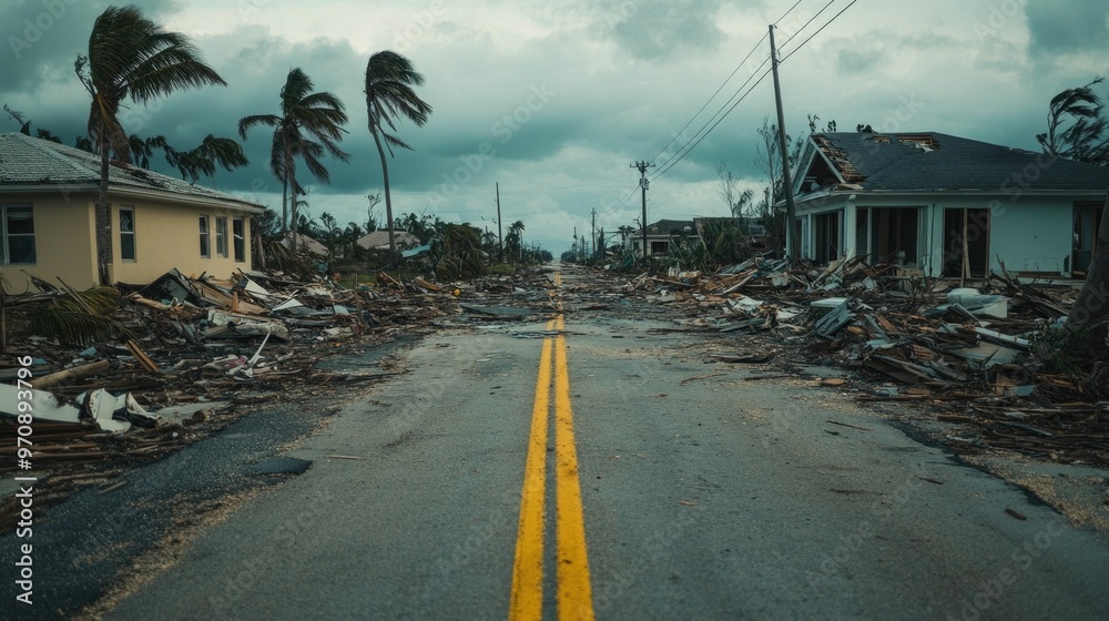 Devastating aftermath of a powerful hurricane with damaged homes downed ...