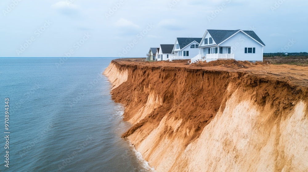 Dramatic coastal erosion caused by a powerful storm surge with houses ...