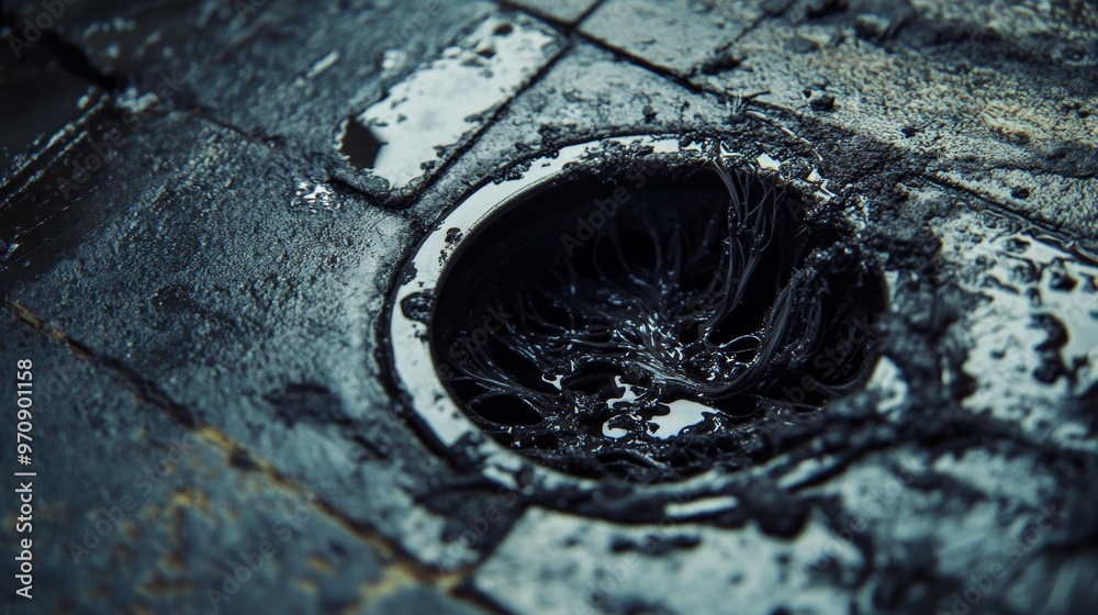 Drain cleaning. Clogged and dirty sewer pipes floor drain. Full of hair ...