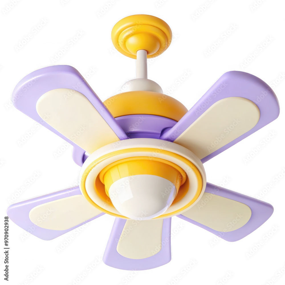 The image shows a colorful ceiling fan with yellow and purple blades ...