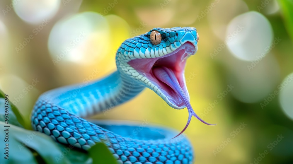 Angry blue viper blue white lipped Island pit viper snake Trimeresurus insularis strike and open ...