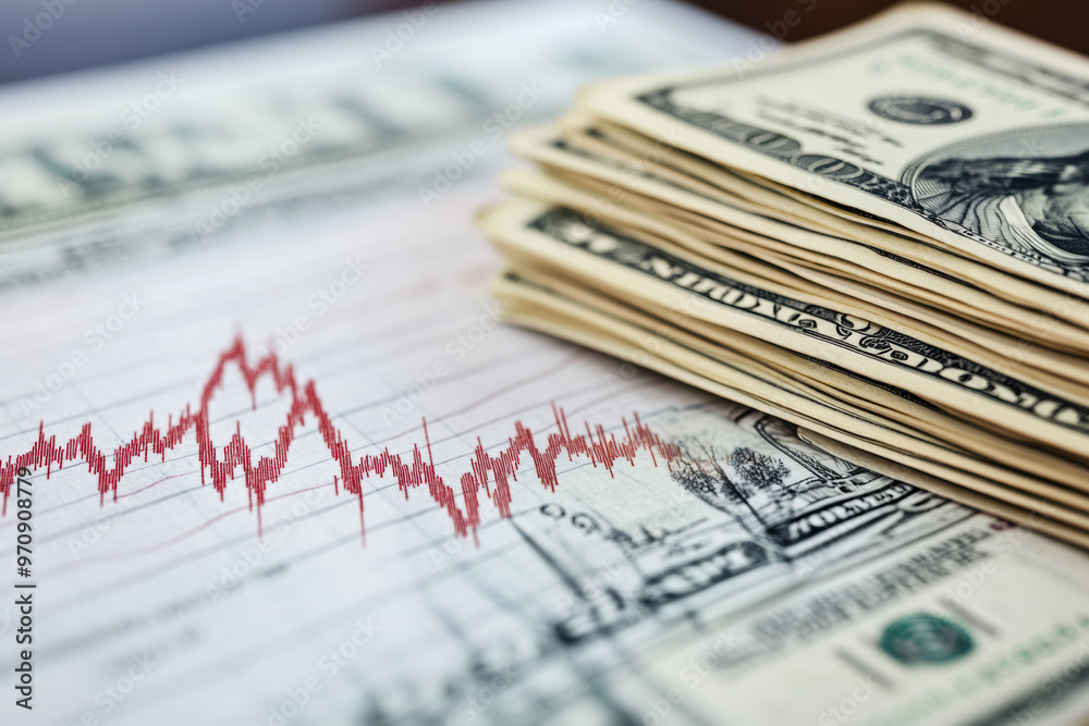 A stack of dollar bills is placed next to financial chart showing ...