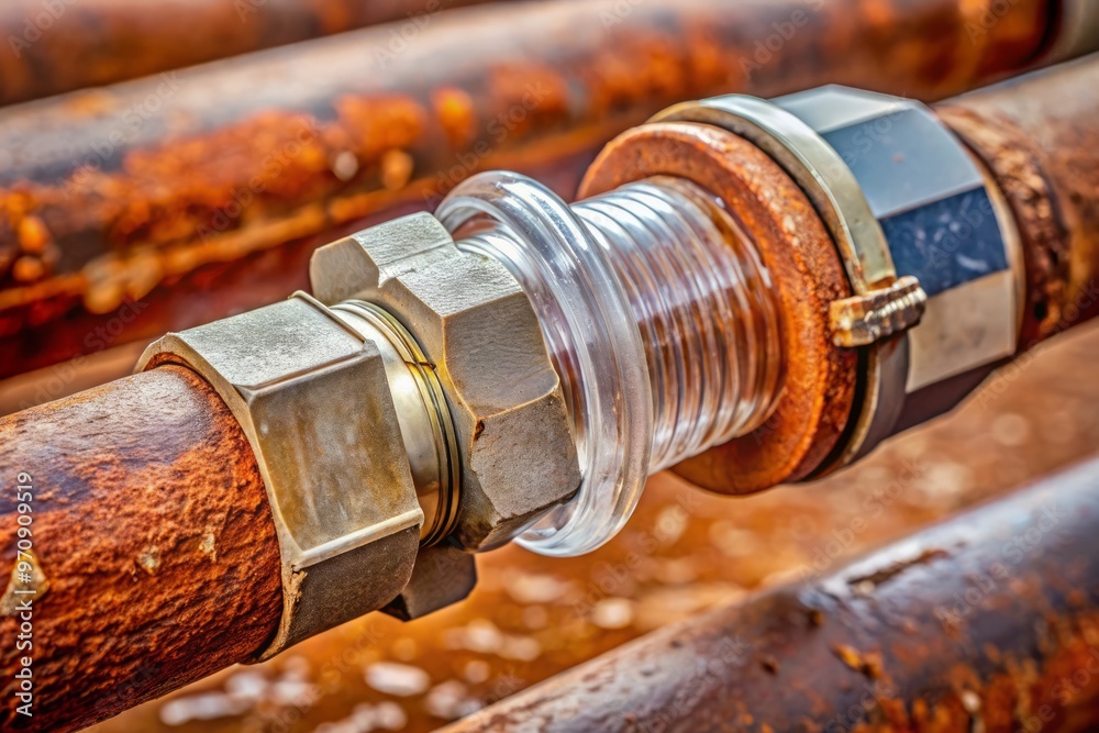 Clear plastic sleeve wraps around rusty metal water pipes, protecting ...