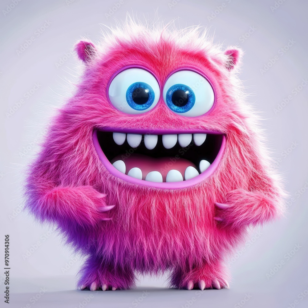 Cute and furry pink monster with good character, Big eyes and smile ...