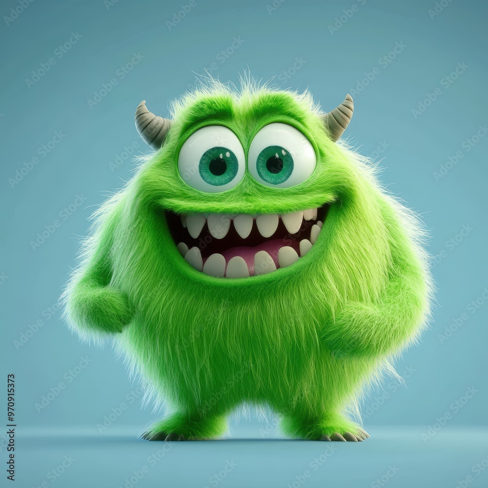 Cute and furry green monster with good character, Big eyes and smile ...