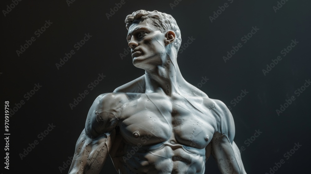Marble statue of a 20-year-old man, fit and muscular build, defined abs ...