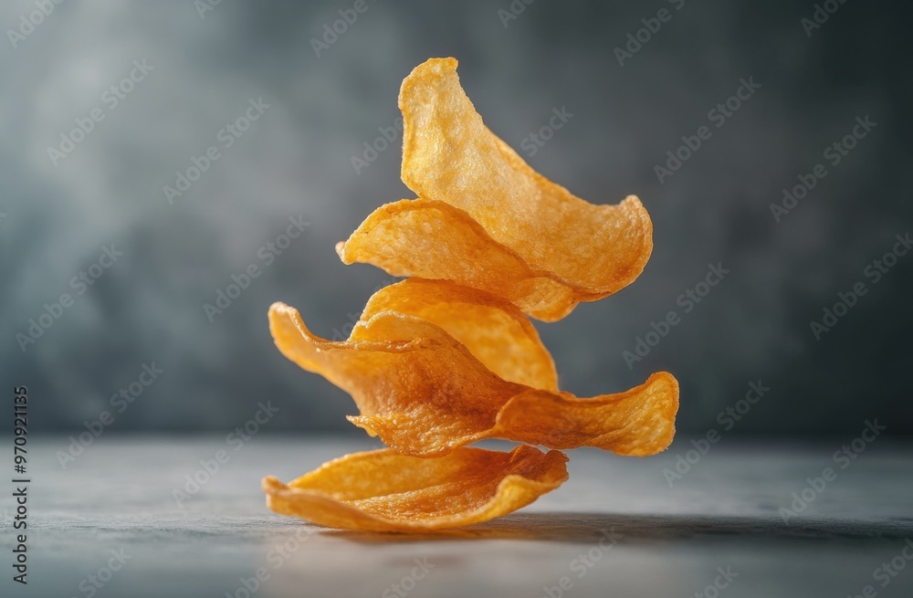 A stack of thin, crispy potato chips is floating in the air against a ...