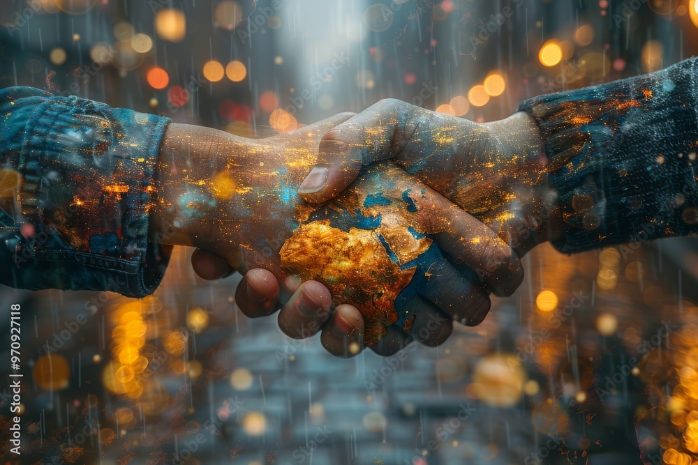 Ultra-sharp photo of a firm handshake bridging cities across continents ...