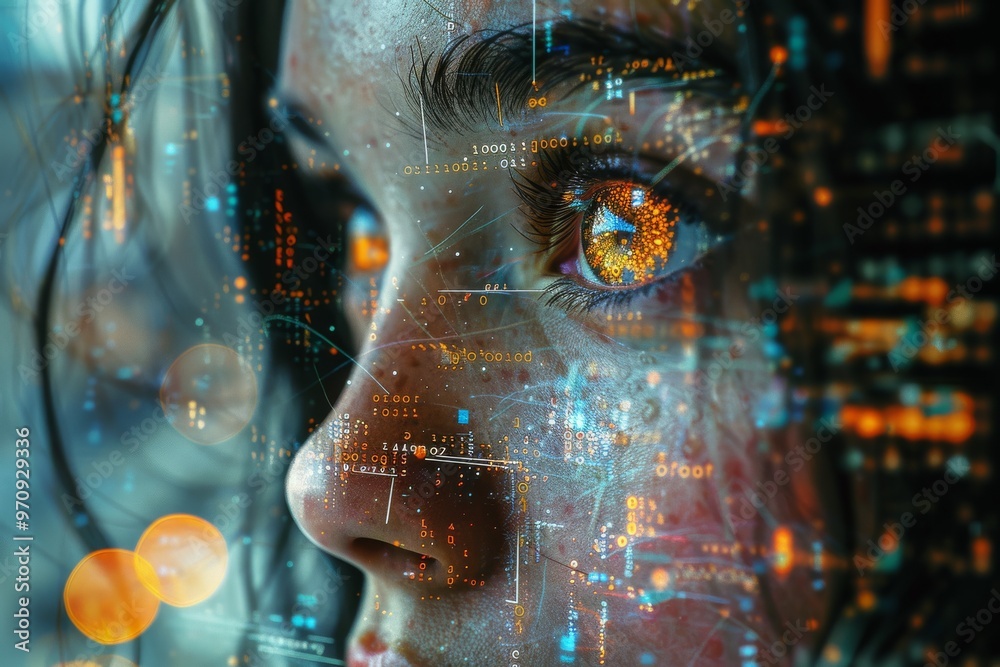 Explore the cybernetic realm where a female visage emerges from a ...