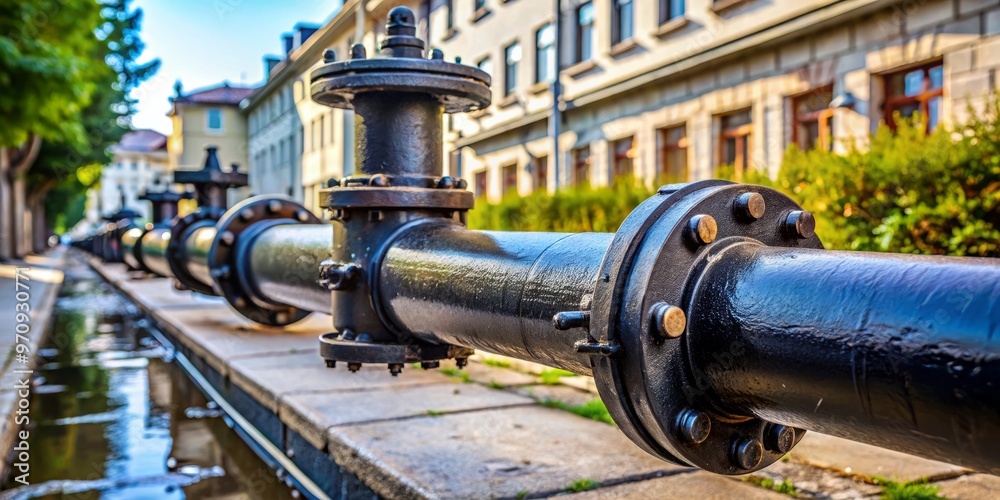 Black iron pipe installed vertically for residential water supply lines ...